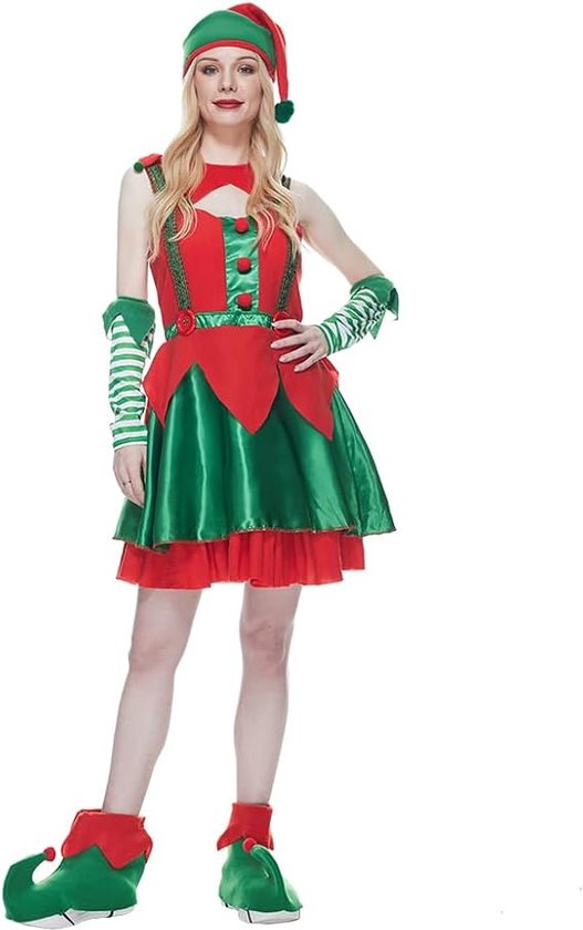 Elf Kostuum Vrouwen Santa Helper Kerstmis Sexy Jurk Groen en Rood | bol