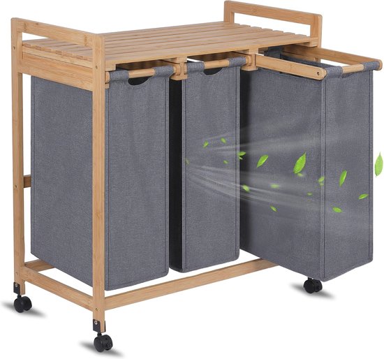 Wasmand 3 Compartimenten met Plank en Wielen - Grijze Wassorteerder ...