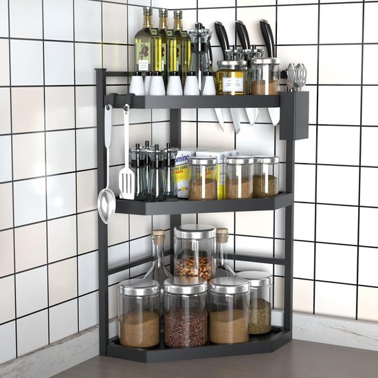 Corner 3 Tier Stainless Steel Spice Rack with Knife Hook - Countertop ...