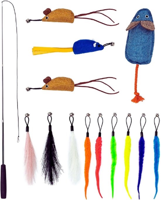 Kattenspeelgoed 14-Delige Set Incl. Telescopische Hengel, 12 Hangers ...