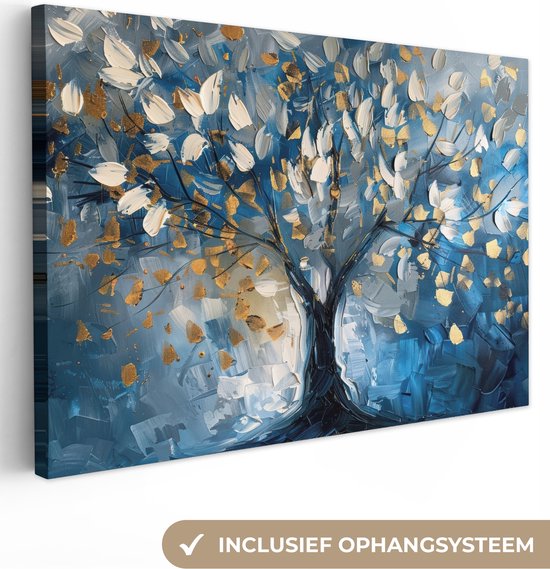 Canvas schilderij 90x60 cm - Wanddecoratie Boom - Blauw - Goud - Abstract -... | bol