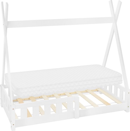 Kinderbed Tipi 70x140 cm wit gemaakt van dennenhout incl. matras H-10cm ...