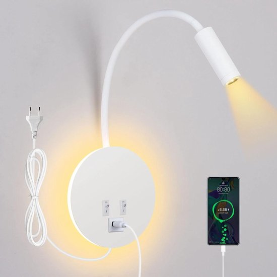 Bed wandmontage leeslamp 3W+8W met schakelaar en USB opladen - LED ...
