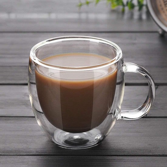 4 Double Wall Glass Coffee Cups with Handle - Espresso Latte Cappuccino ...