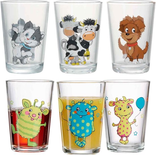 Set van 6 Kinderglazen met Dieren en Monstertjes Opdruk, 205 ml ...