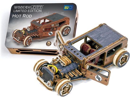 Mechanisch houten model Hot Rod 3D-puzzel voor volwassenen | bol