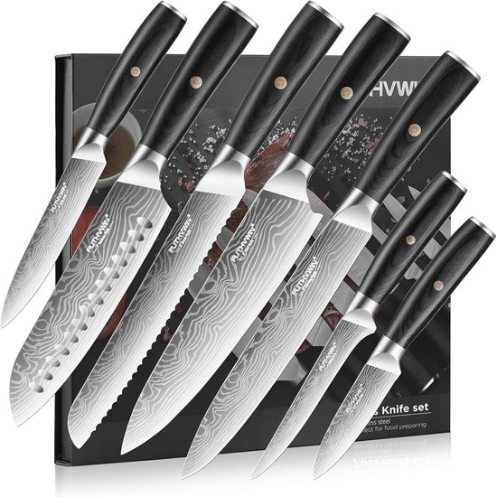 Messenset 7-delig Ultra Scherp Keukenmessen Professionele Koks Mes Set ...