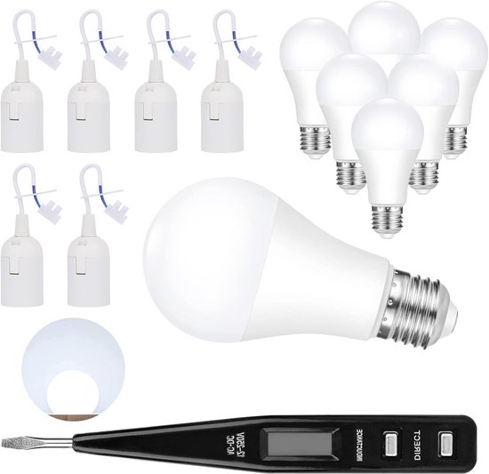 6x E27 Fittingen met Koud Witte LED Lampen (6500K) + Spanningstester ...