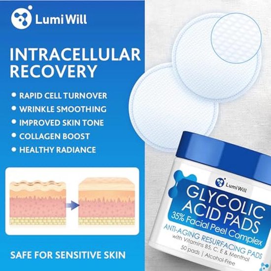 Pads Exfoliants avec 35% d'Acide Glycolique - Naturels, Vitamines B5, C ...