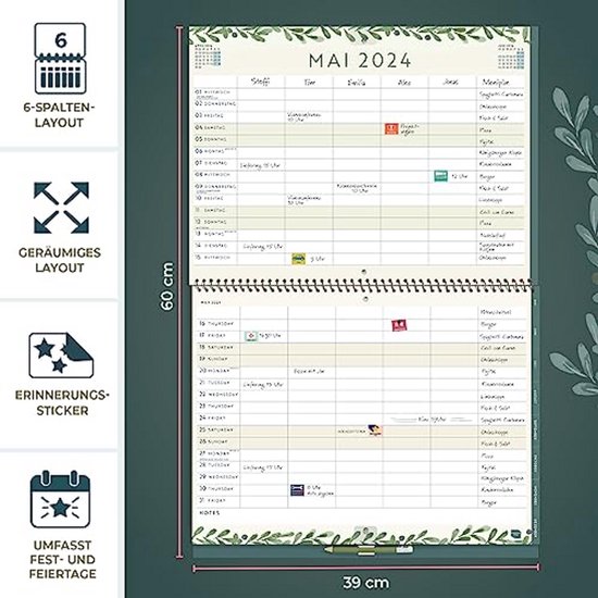 Familie Kalender 2023-2024 | Maand Planner Met 6 Kolommen en Stickers | bol