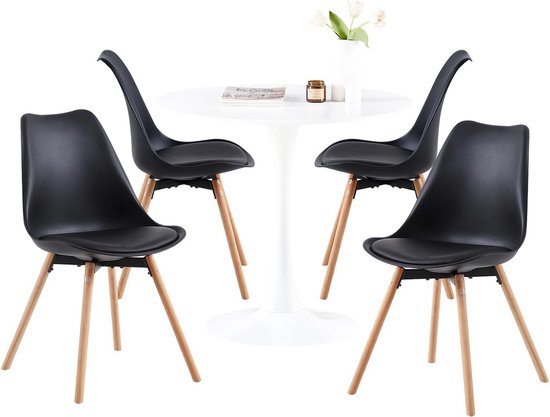 Ronde Eetkamerset Wit Tafel met 4 Zwarte Stoelen - Compact Diner Set ...
