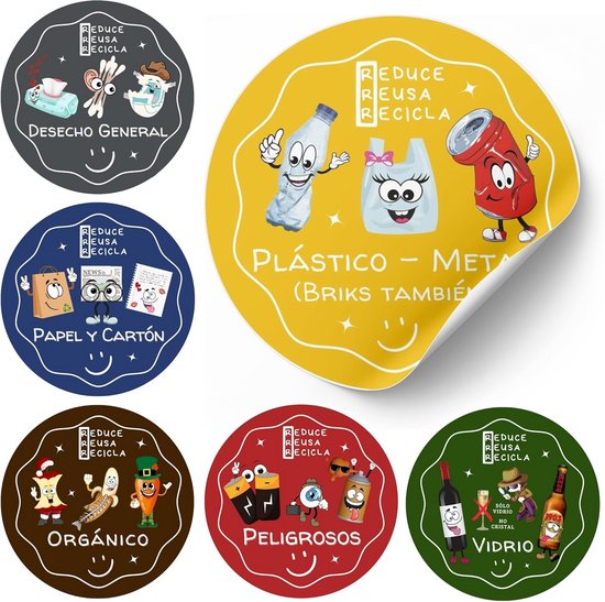 Set van 6 Vinyl Afval Stickers voor Recycling - Spaanse Tekst ...