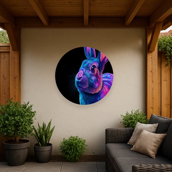 Neon konijn - Rond kunstwerk - Dibond muurcirkel - 100x100 cm | bol
