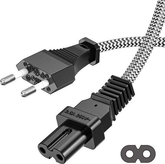 2 meter Stroomkabel C7 met Nylon Vlecht voor Televisie en Spelcomputers ...