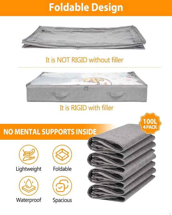 Extra Large 4 Pack 100L Under Bed Storage Containers - Foldable ...