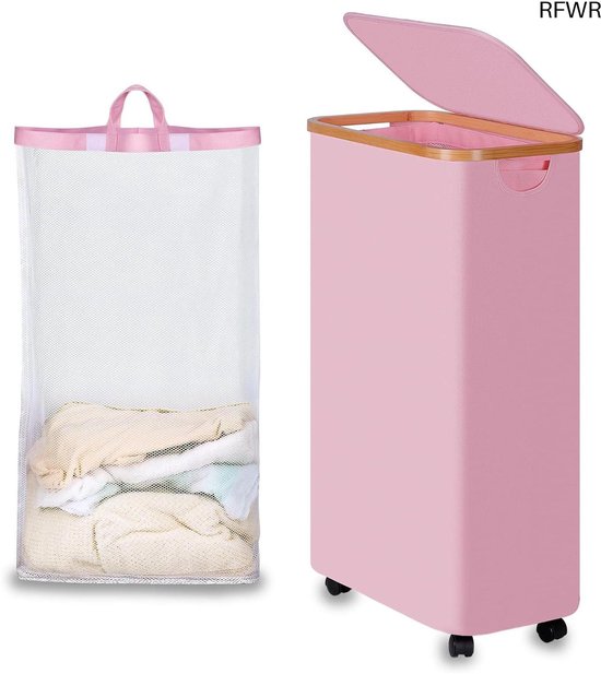 RFWR® Opvouwbare Wasmand met Wieltjes en Deksel - 75 Liter - Slanke Wasmand met Bamboe... | bol