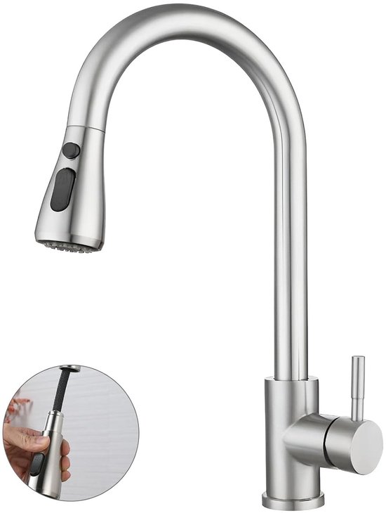 Keukenkraan met hoge boog en uittrekbare douche - roestvrij staal - 360° draaibaar | bol