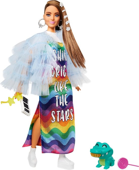 Barbie Extra Doll in blauw jasje met ruches en krokodil huisdier ...