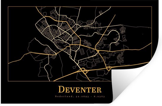 Muurstickers - Sticker Folie - Kaart - Deventer - Goud - Zwart - 90x60 ...