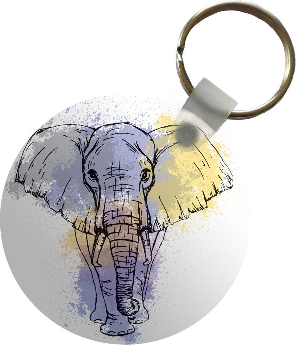 Sleutelhanger - Olifant - Inkt - Schets - Plastic - Rond ...
