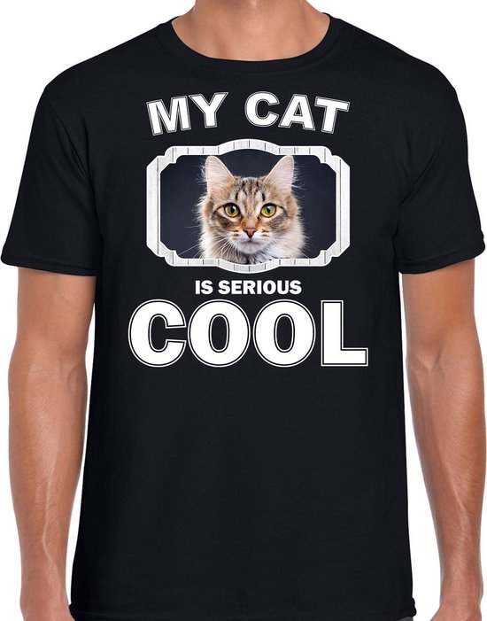 Bruine kat katten t-shirt my cat is serious cool zwart - heren - katten ...