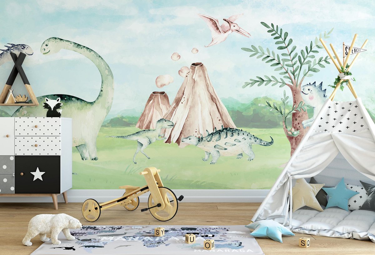 Behang kinderkamer ~ Dino's en vulkanen 490 cm breed x 260 cm hoog ...