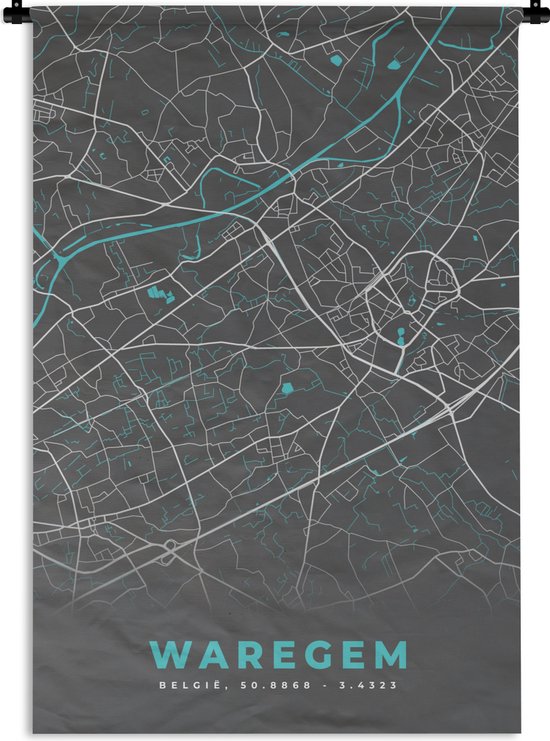 Wandkleed - Wanddoek - België – Waregem – Stadskaart – Kaart – Blauw ...