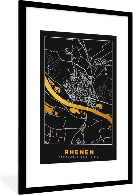 Fotolijst incl. Poster - Rhenen - Stadskaart - Black and Gold - Kaart ...