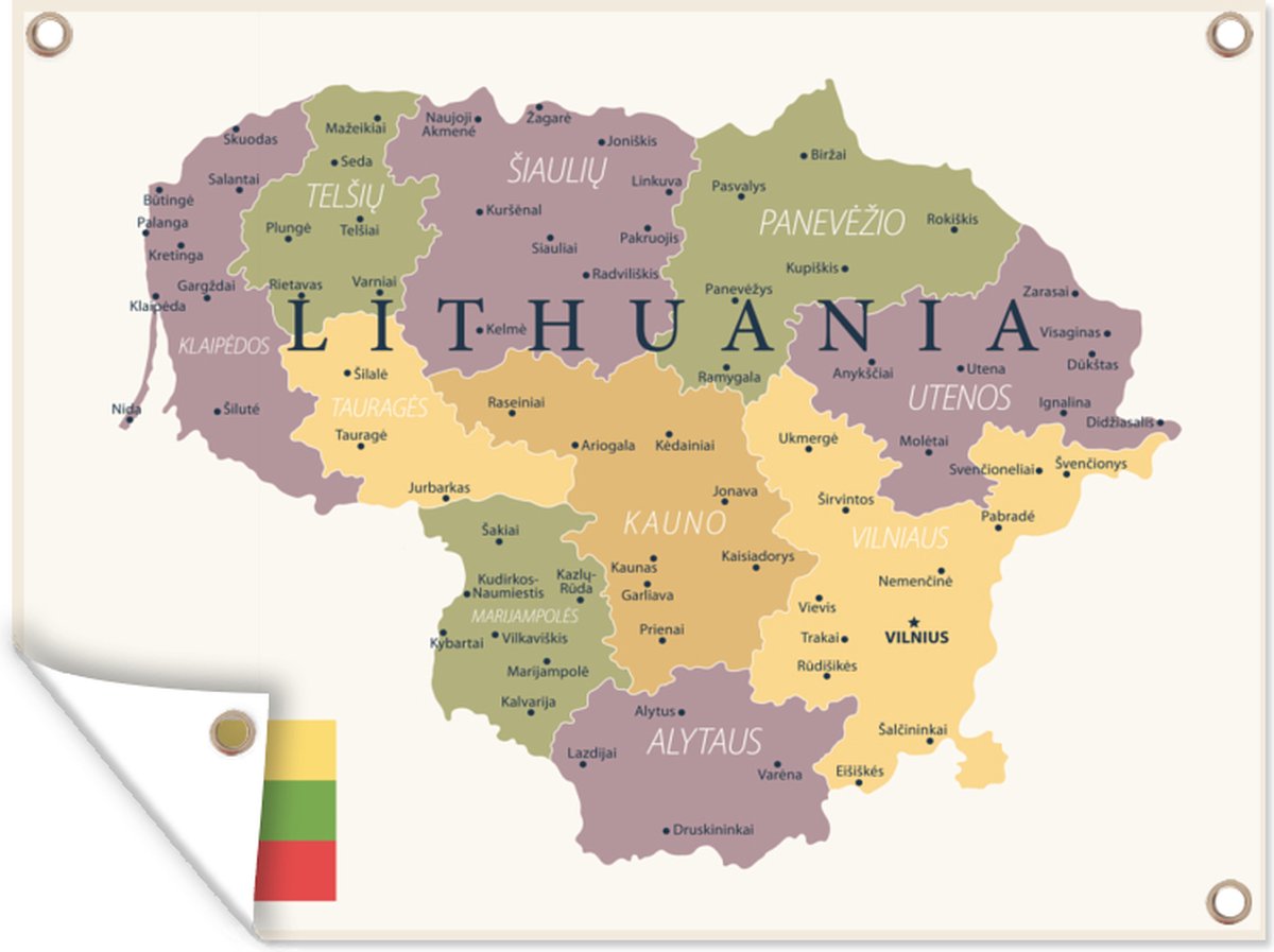 Muurdecoratie buiten Vector kaart van Litouwen - 160x120 cm - Tuindoek ...