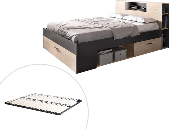 Bed met hoofdeinde met opbergruimte en lades - 140 x 190 cm - Kleur ...