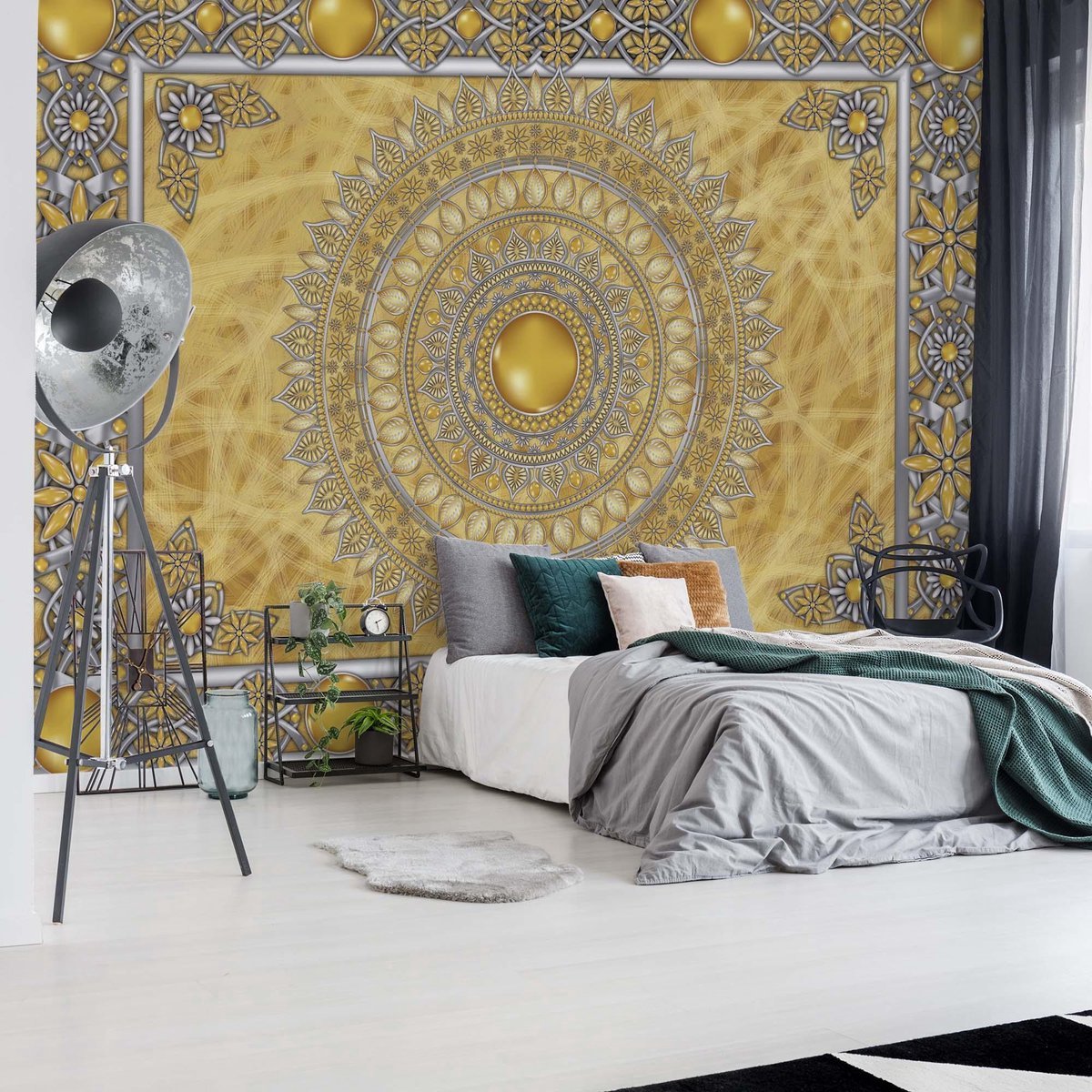 Fotobehang - Vlies Behang - Gouden Mandala op een Goudkleurige ...