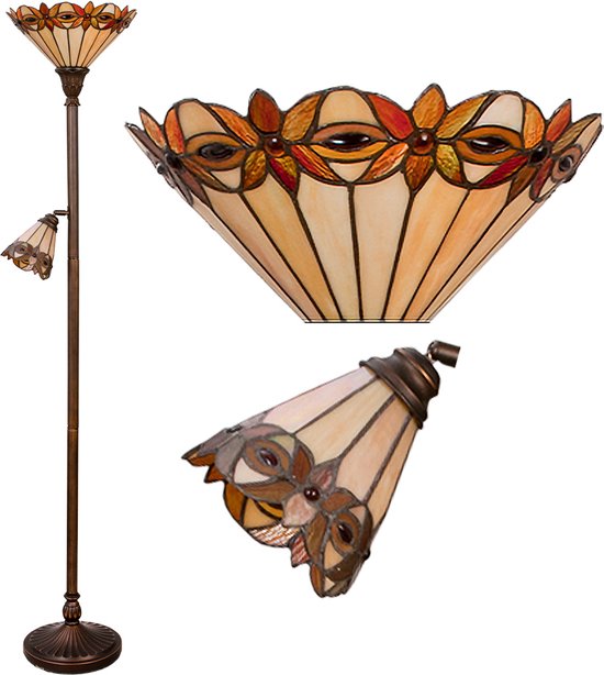 HAES DECO - Tiffany Vloerlamp Ø 35 / Ø 14x176 cm Beige Rood Metaal Glas ...