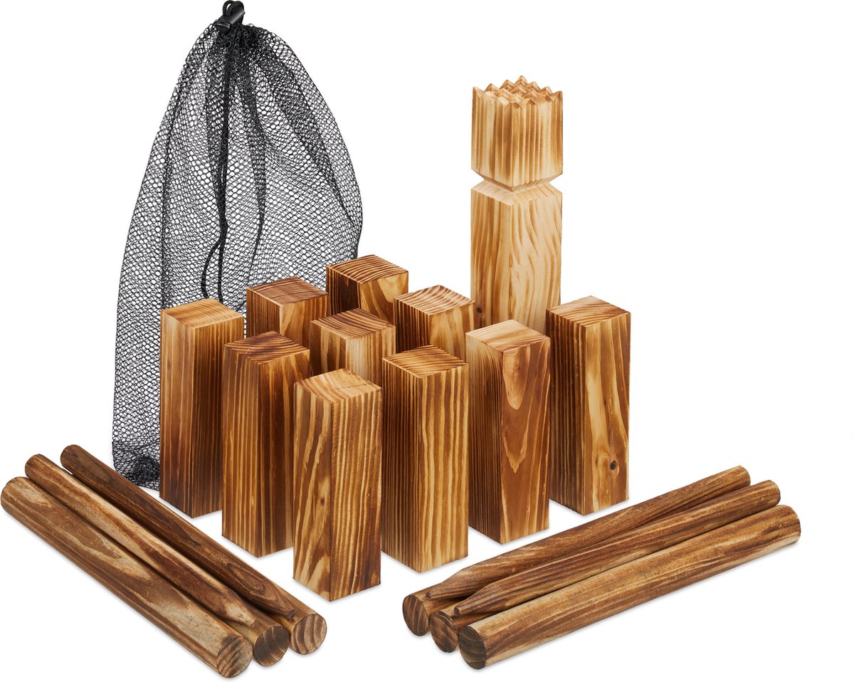 Relaxdays kubb spel - 22-delig - outdoor vikingkubb volwassenen - houten blokkenspel | bol.com