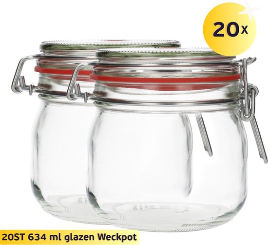 20x Glazen Weckpot 634 ml - Rond & Transparant - Inmaakpotten, Mason ...