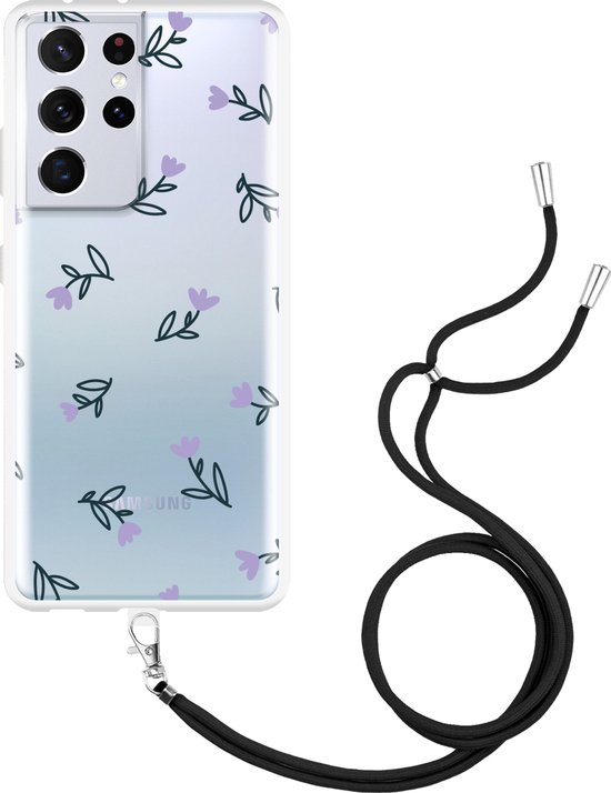 Hoesje met Koord Geschikt voor Samsung Galaxy S21 Ultra Paarse Bloemen | bol