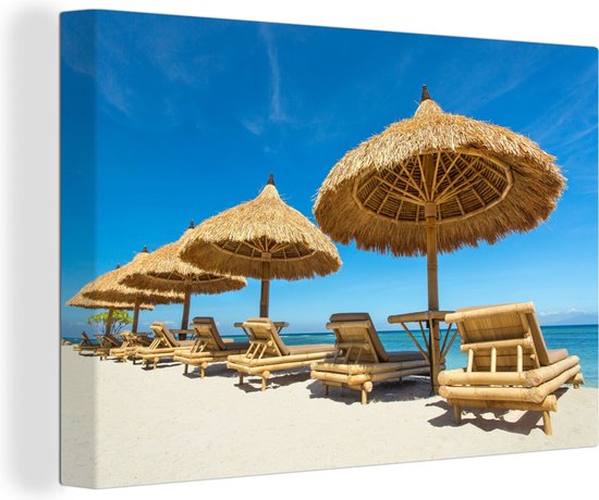 Canvas Schilderij Strandstoel - Strand - Parasol - Zee - Zomer - 30x20 cm - Wanddecoratie | bol