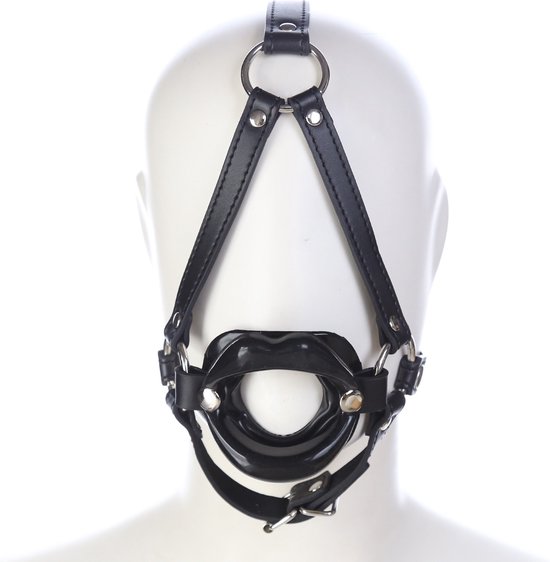 Bâillon bouche ouverte noir avec harnais de tête | bol