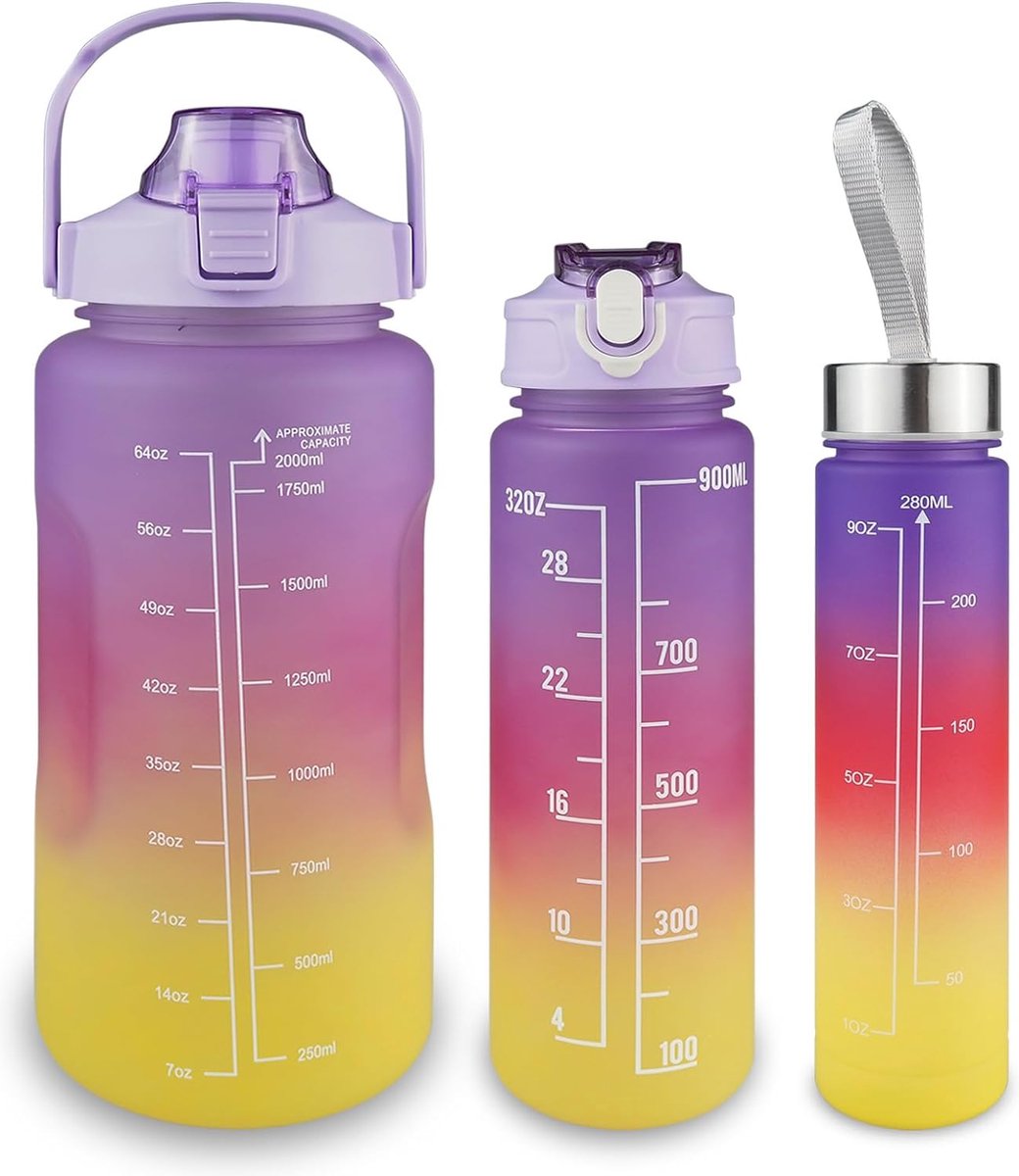 Waterflessen, 2 l/0,75 l/0,28 l, sportdrinkfles met tijdmarkering, BPA ...