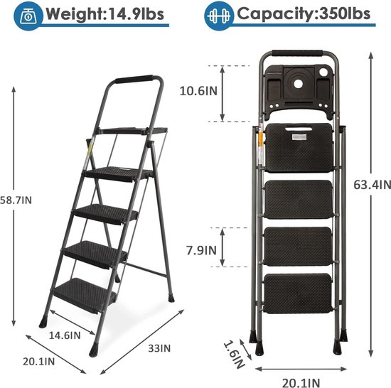 4-traps ladder, opvouwbare krukje met gereedschapsplatform, breed anti ...