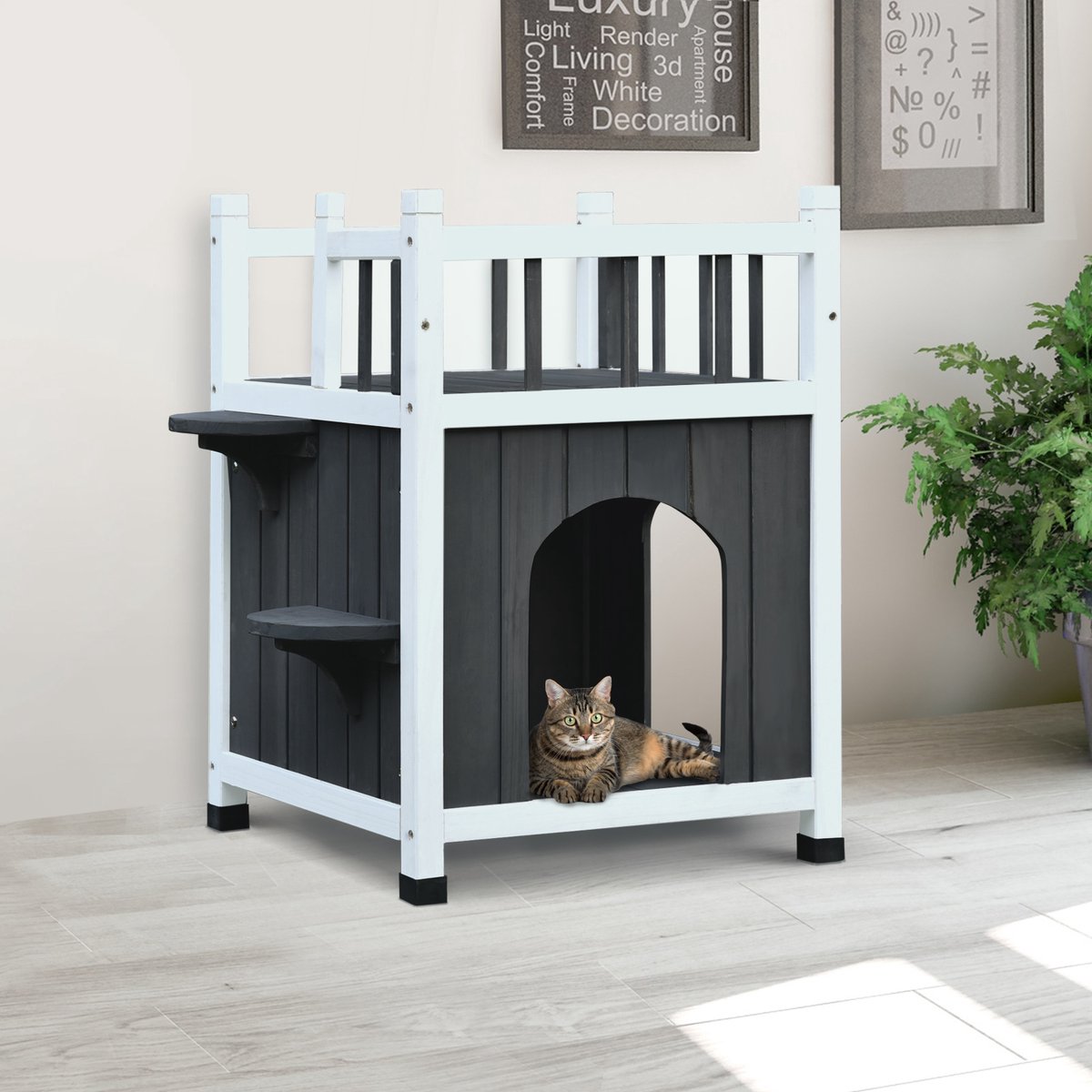 PawHut Kattenhuis met balkon kattenhut katten massief hout grijs wit ...