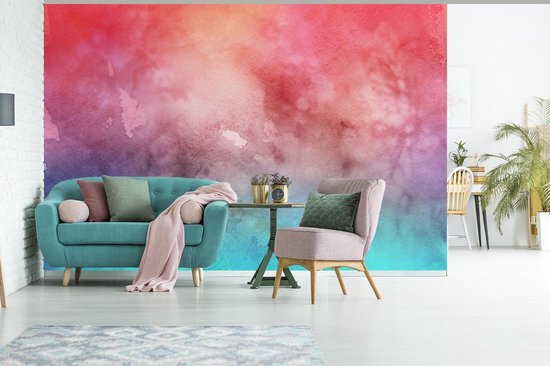 Behang - Fotobehang Waterverf - Rood - Blauw - Tint - Breedte 390 cm x ...