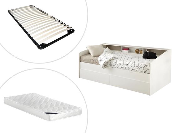 Bed met lades en rek - 90x200cm - wit + matras + bedbodem - PAULETTE L ...