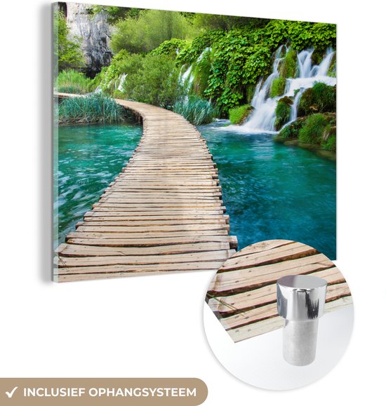 Glasschilderij - Schilderij natuur - Waterval - Brug - Rots ...