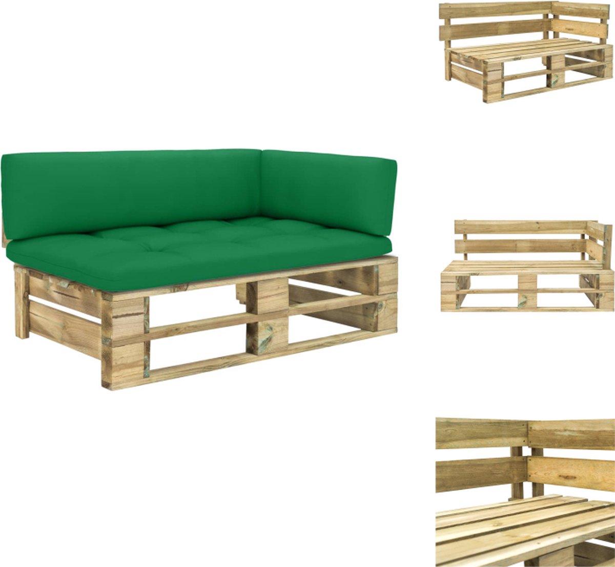 vidaXL Hoekbank Pallet - 110 x 66 x 55 cm - Grenenhout - Groen kussen ...