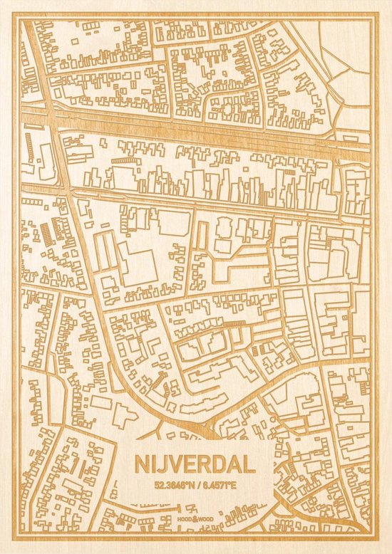 Kaart Nijverdal - Gegraveerde stadskaart Hood&Wood - Hout, A4 | bol.com