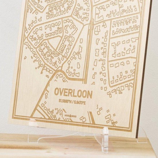 Kaart Overloon - Gegraveerde stadskaart Hood&Wood - Hout, A4 | bol.com