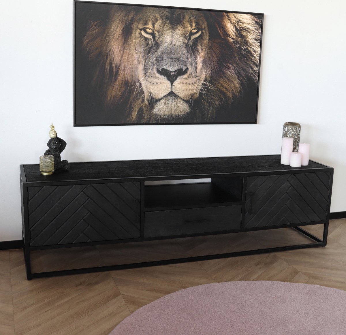 TV meubel industrieel Danae zwart visgraat duurzaam mangohout 180cm ...