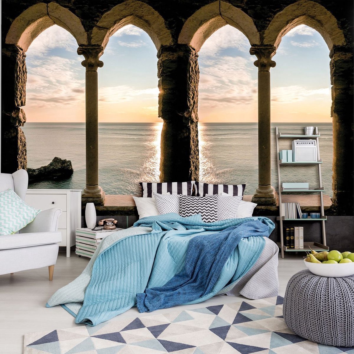Fotobehang - Vlies Behang - Uitzicht op Zee door de Pilaren 3D - 368 x ...