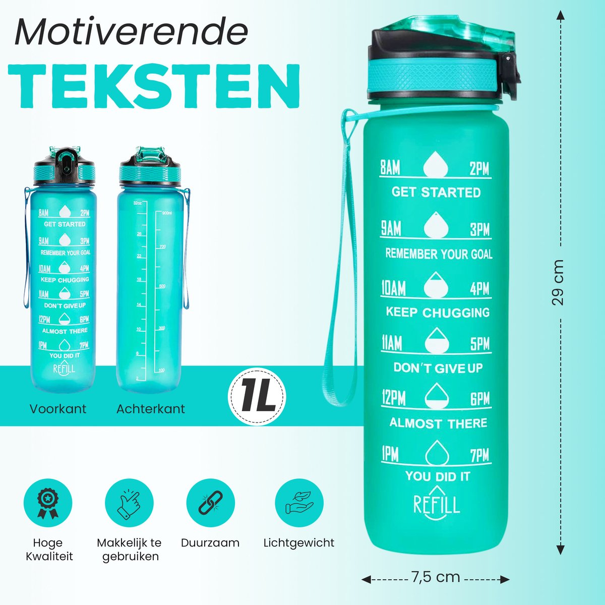 Motivatie Waterfles Turquoise - Waterfles met Rietje - Drinkfles 1 ...