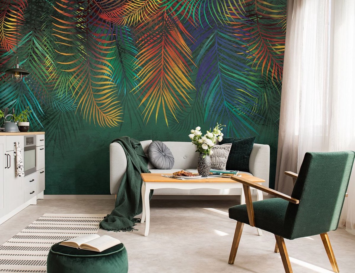 Fotobehang - Vlies Behang - Kleurrijke Botanische Jungle Bladeren op ...